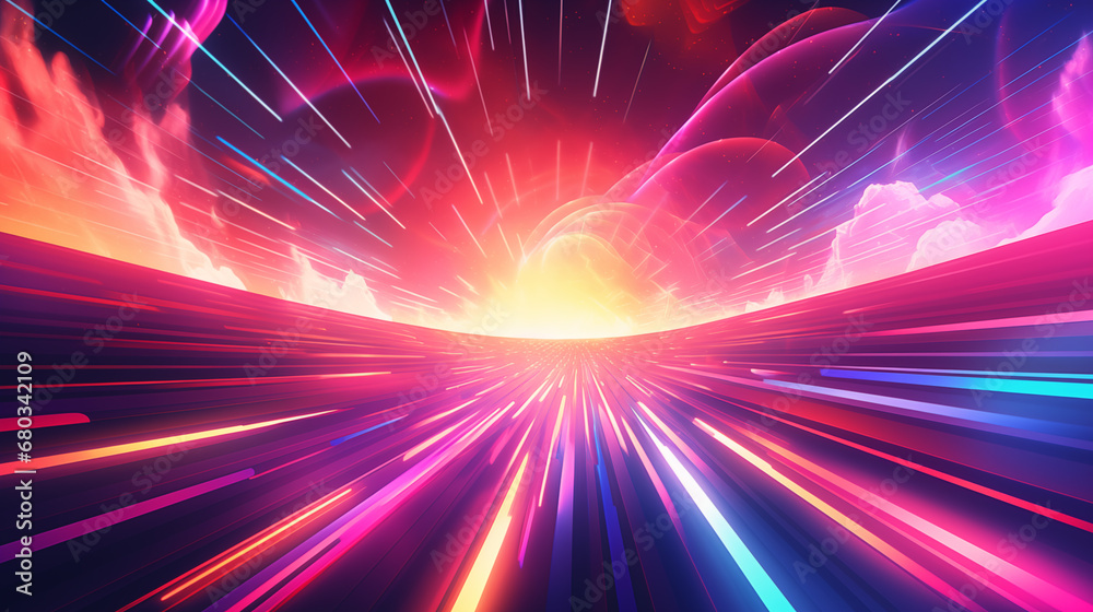 Abstract colorful background with rays. Synth-wave wallpaper. Forward ...