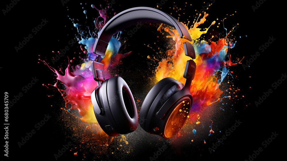 Music headphones background with color explosion on black background ...