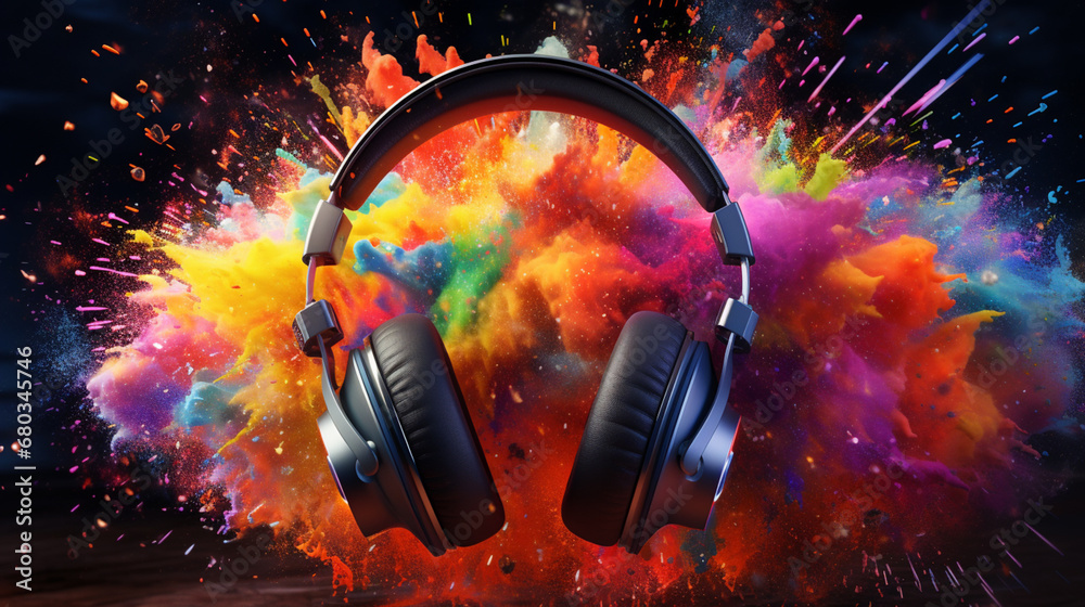Music headphones background with color explosion on black background ...