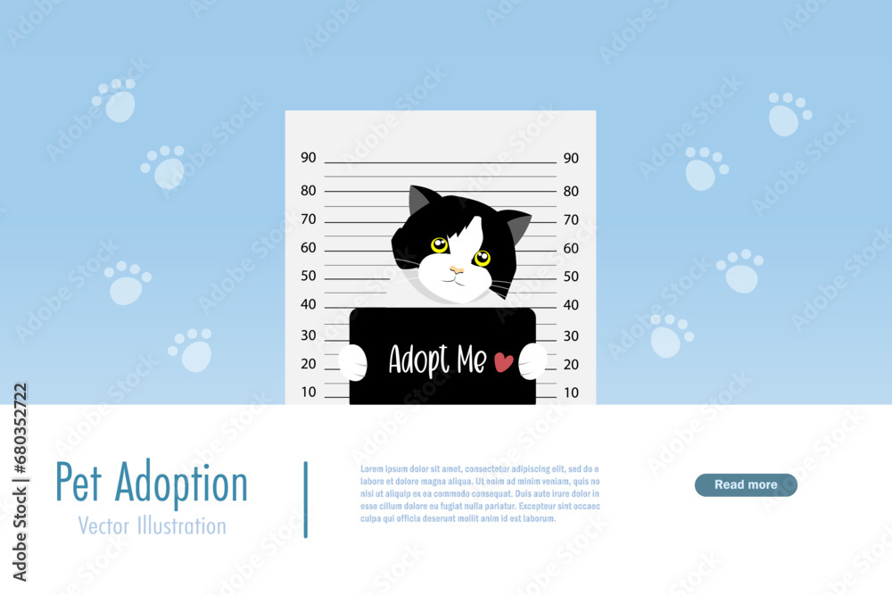 Pet adoption and animal shelter. Cat holding adopt me banner on mugshot ...