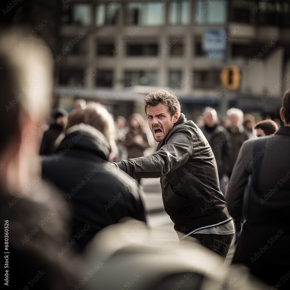 In a tense street scene, an aggressive man strides forward, exuding ...