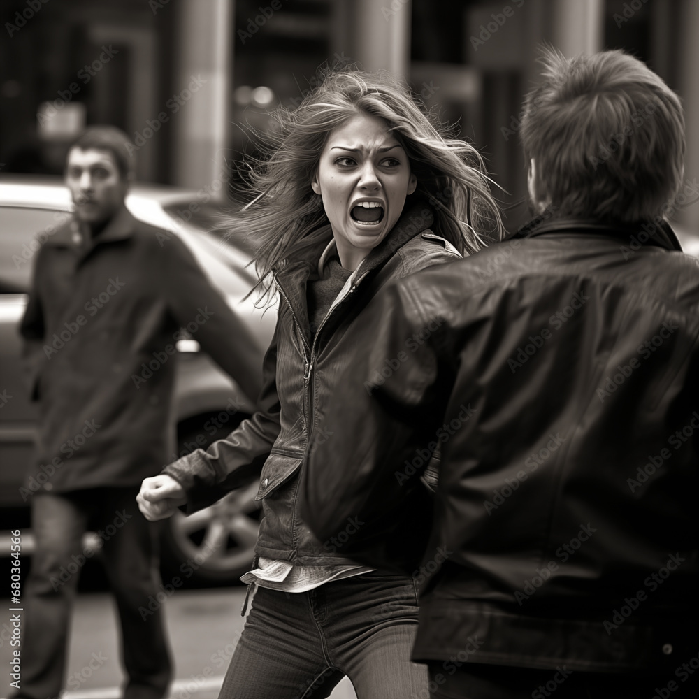 In an illustrative scene depicting violence against women on the street ...