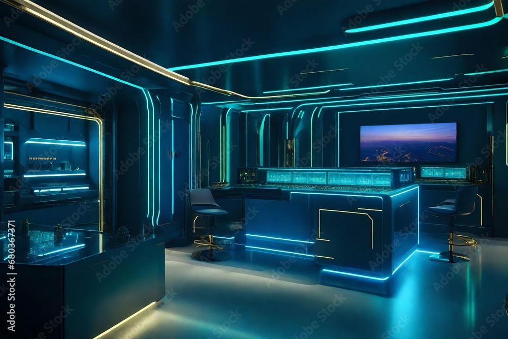 Render a futuristic gaming room in rich Indigo and SEAFOAM tones, with ...
