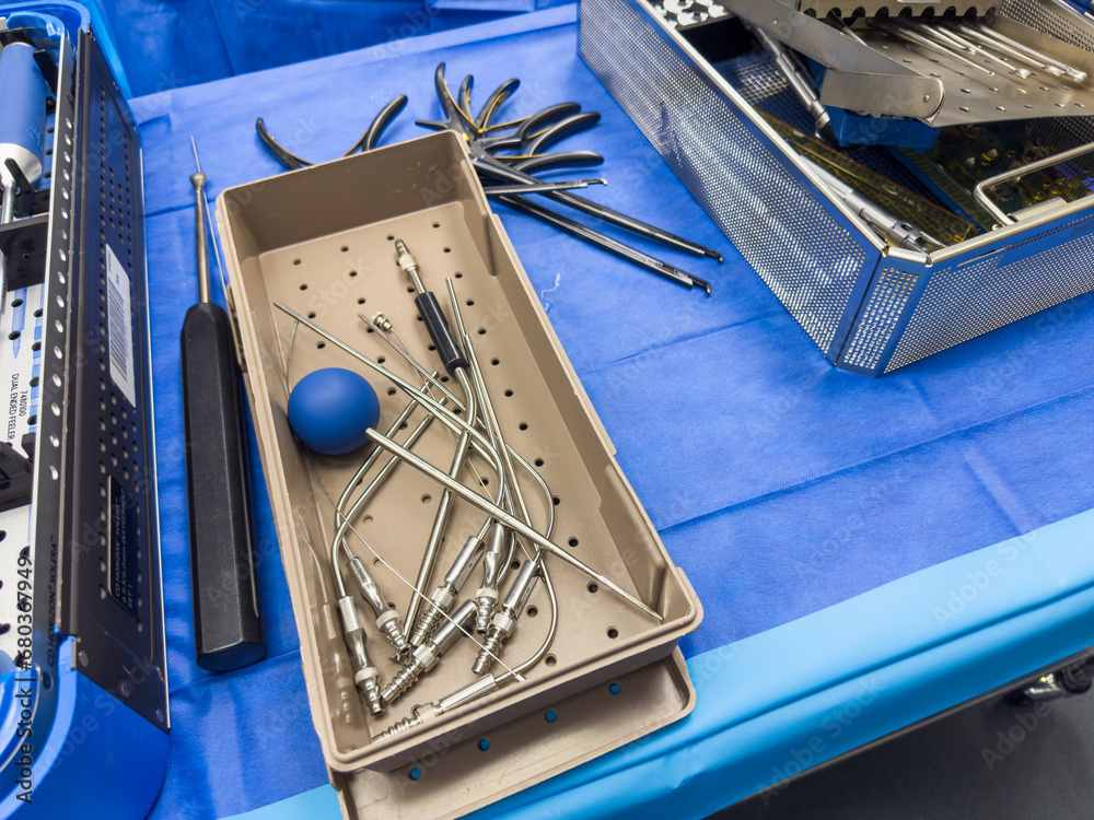 sterile surgical instruments in a hospital setting, representing ...