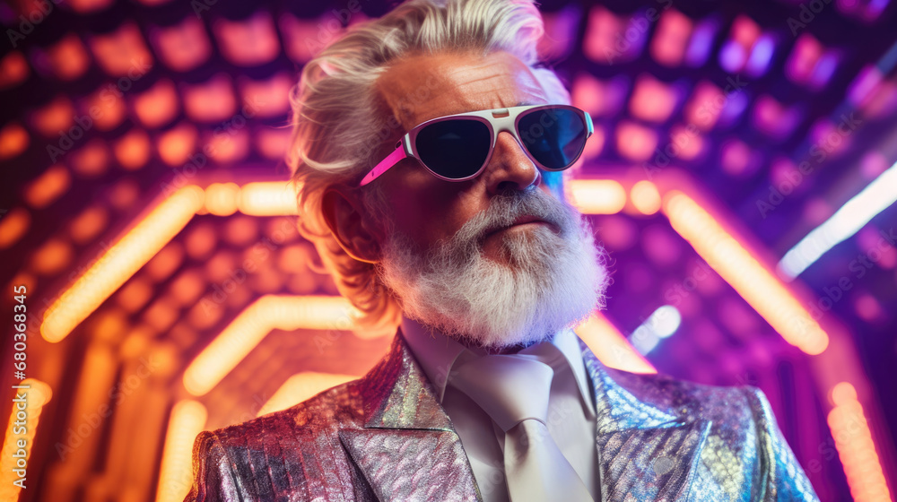 Fashion retro futuristic Senior man in surrealistic 60s-70s disco club ...