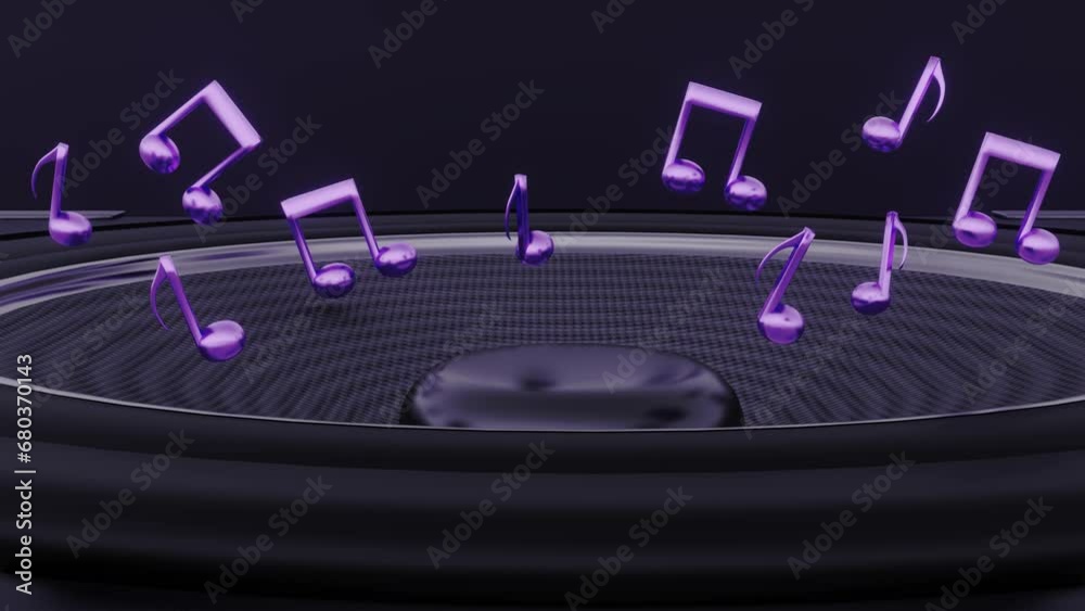 a 3D animation of music notes vibrate because of a speaker. Some of the ...
