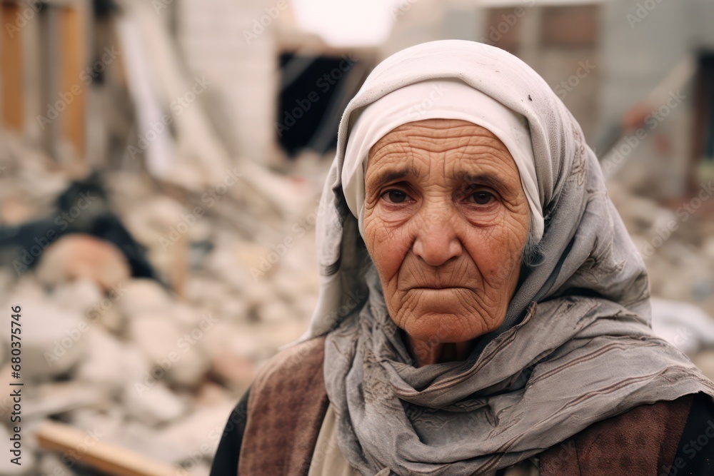 Cry very hard Senior Woman poor looking collapse buildings area, Effect ...