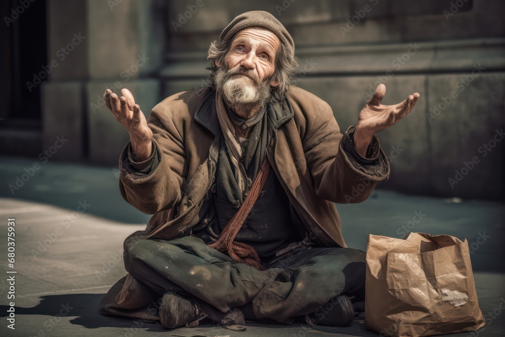 Poor homeless beggar sit on pathway floor in asking for help. Stock ...