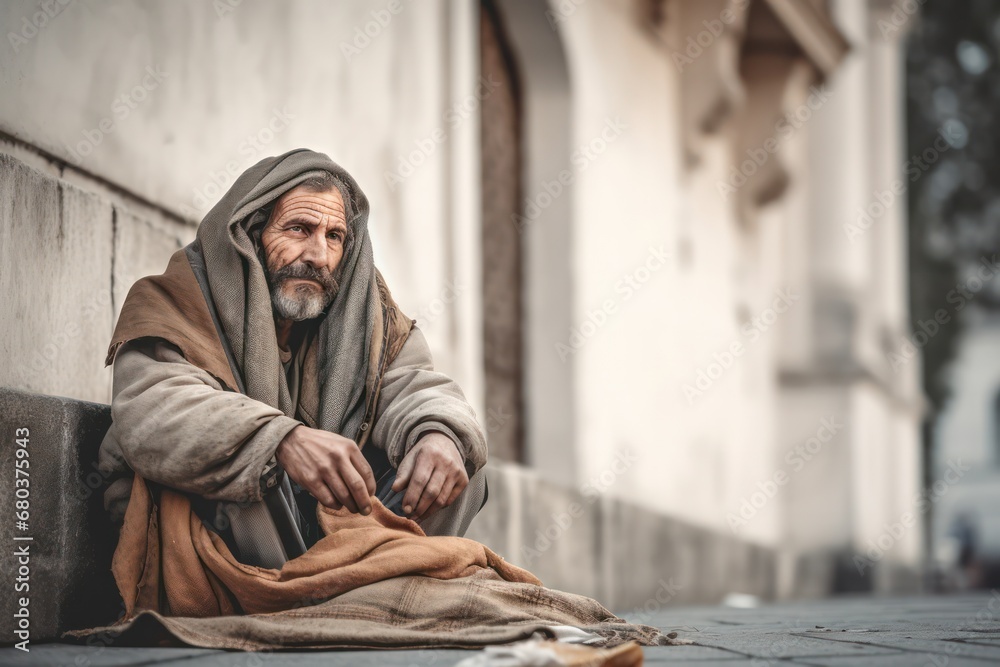 Poor homeless beggar sit on pathway floor in asking for help. Stock ...