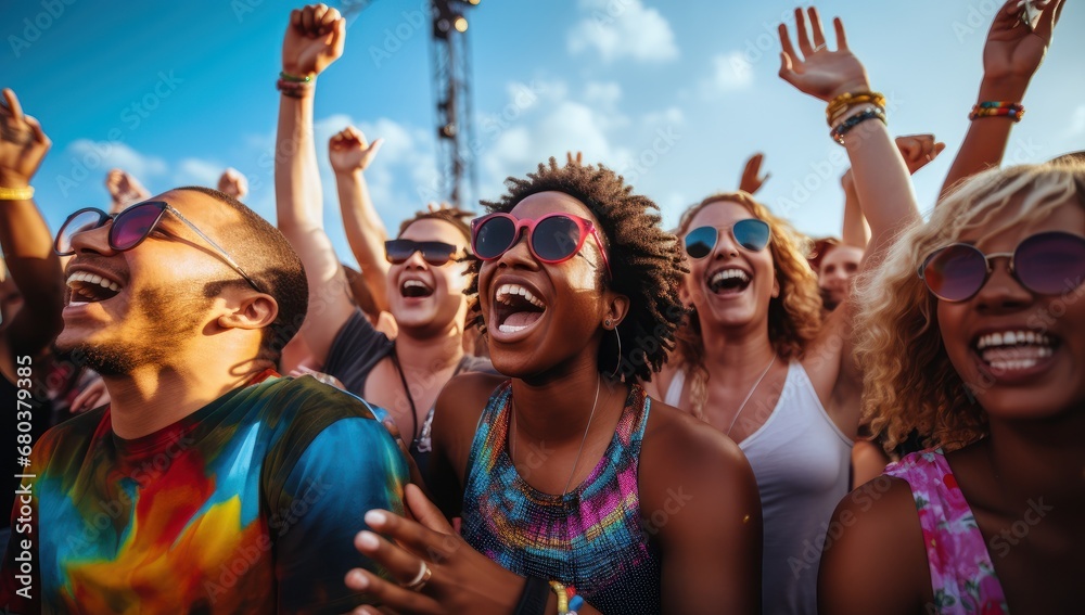 Exuberant crowd at a festival, with joyful Black women in sunglasses ...