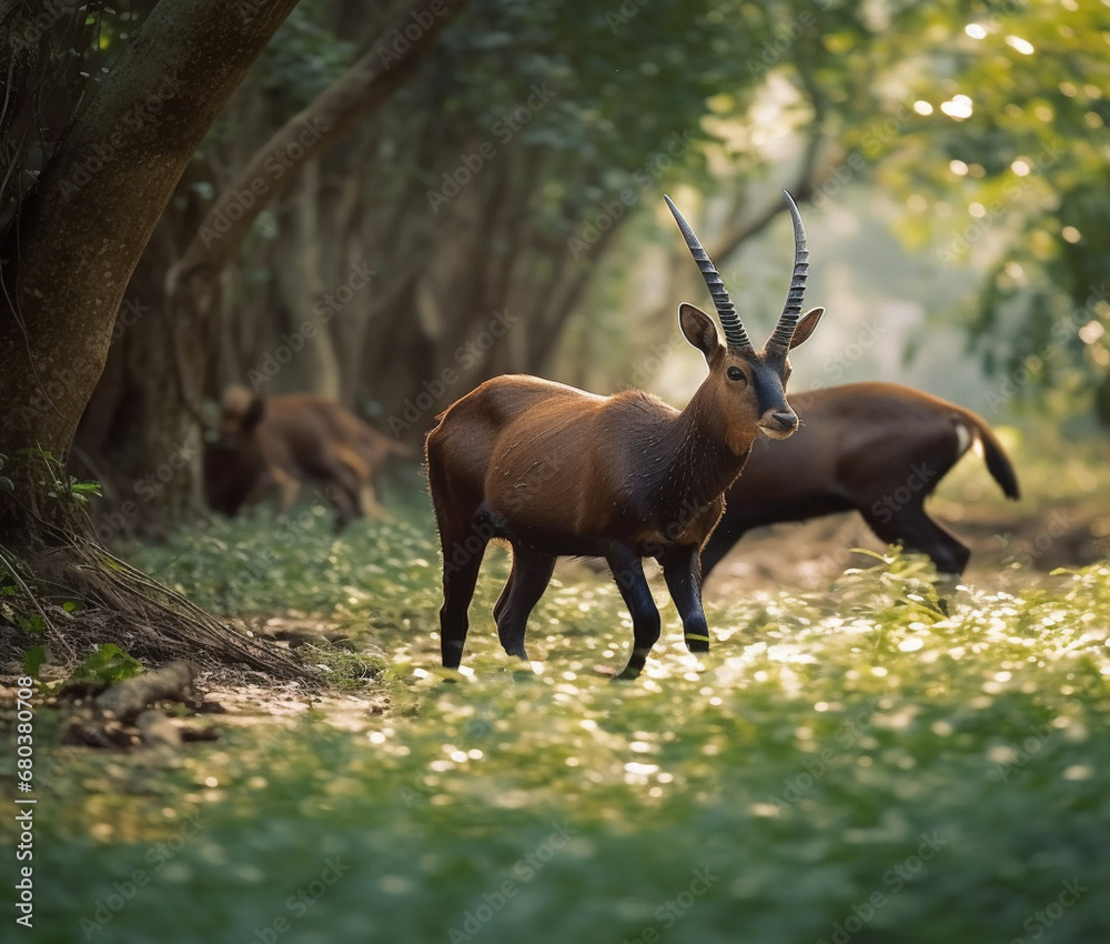 "Saola, a mystical presence in the vibrant forest, moves with grace ...
