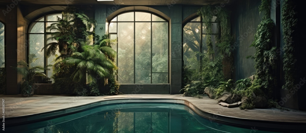 The empty indoor pool showcased a luxurious retro design with textured ...
