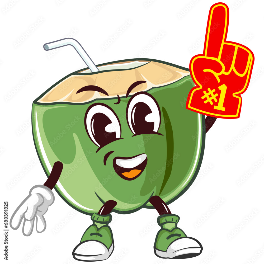 coconut drink character mascot with a straw with a funny face raising ...