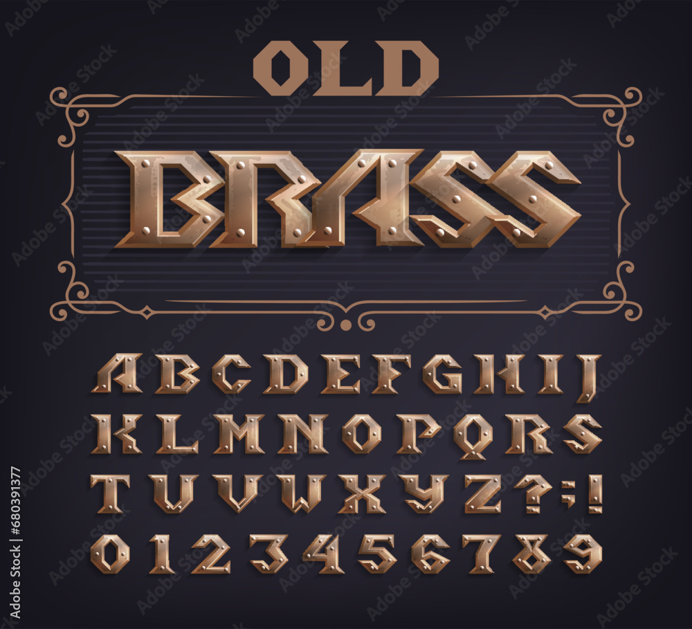 Old Brass alphabet font. Riveted letters and numbers. Stock vector ...