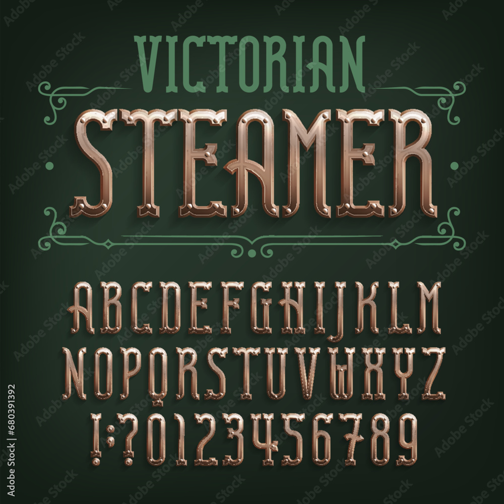 Victorian Steamer alphabet font. Riveted vintage letters and numbers ...