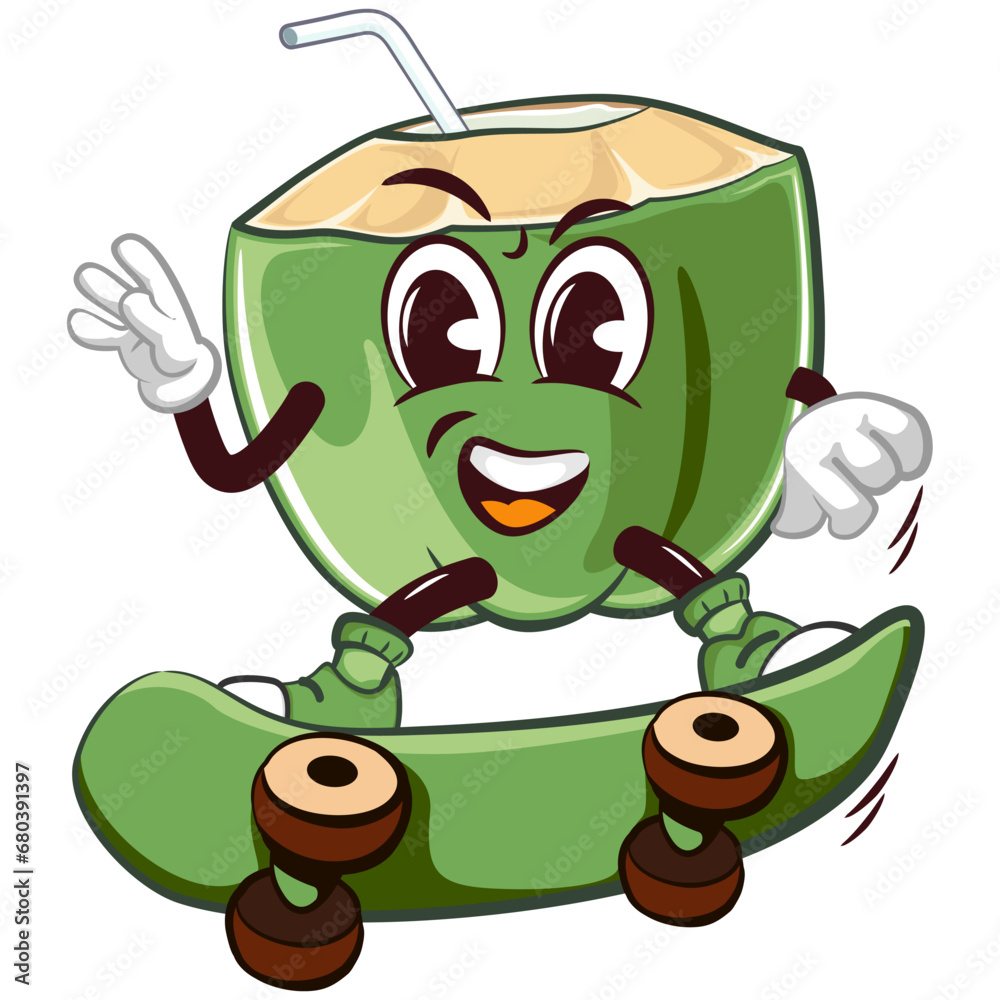 mascot character of coconut drink with straw with funny face sliding ...