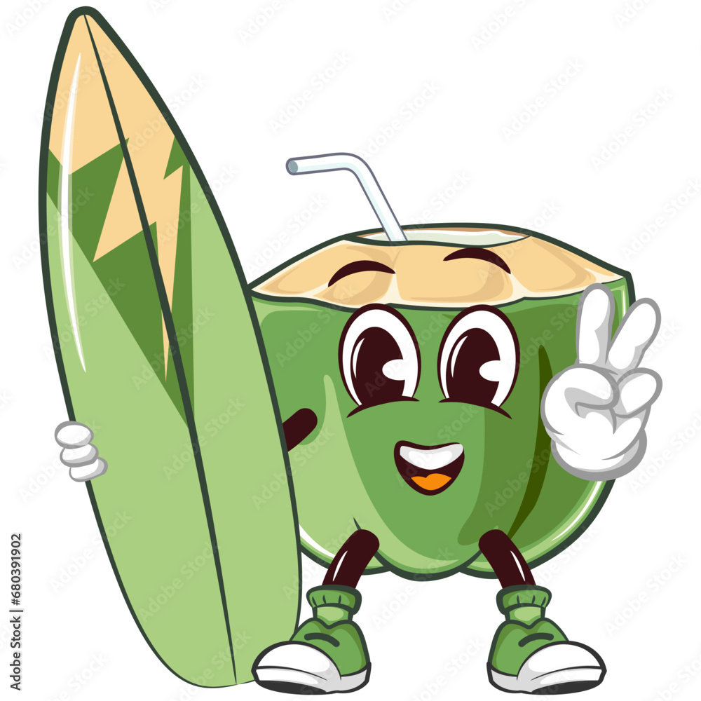 mascot character of coconut drink with straw with funny face carrying ...