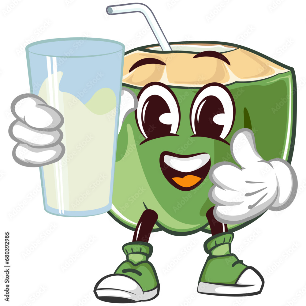 mascot coconut drink character with a straw with a funny face carrying ...