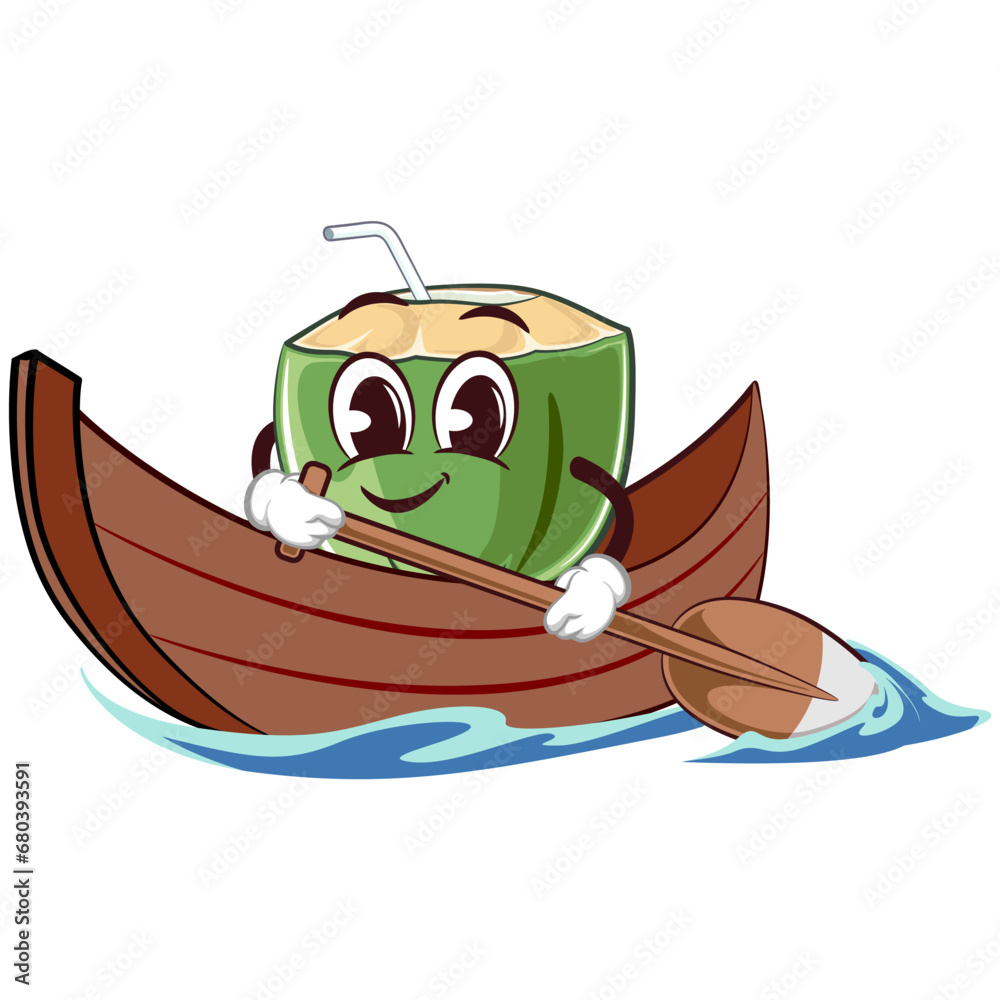 mascot character coconut drink with straw with funny face rowing boat ...