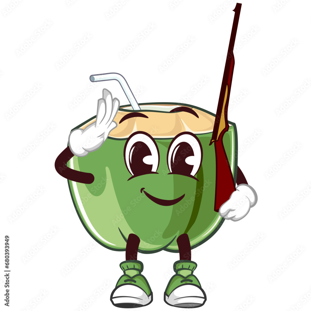 mascot character of coconut drink with straw with funny face saluting ...
