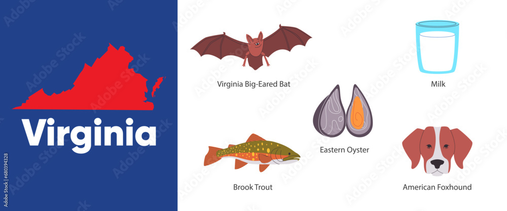 Virginia states map shape of symbol object brook trout fish foxhound ...