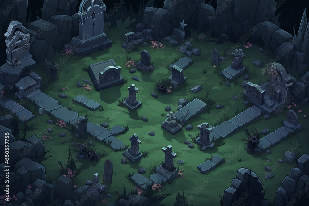 Top-down, illustrated asset of a gloomy graveyard, isometric, , game ...