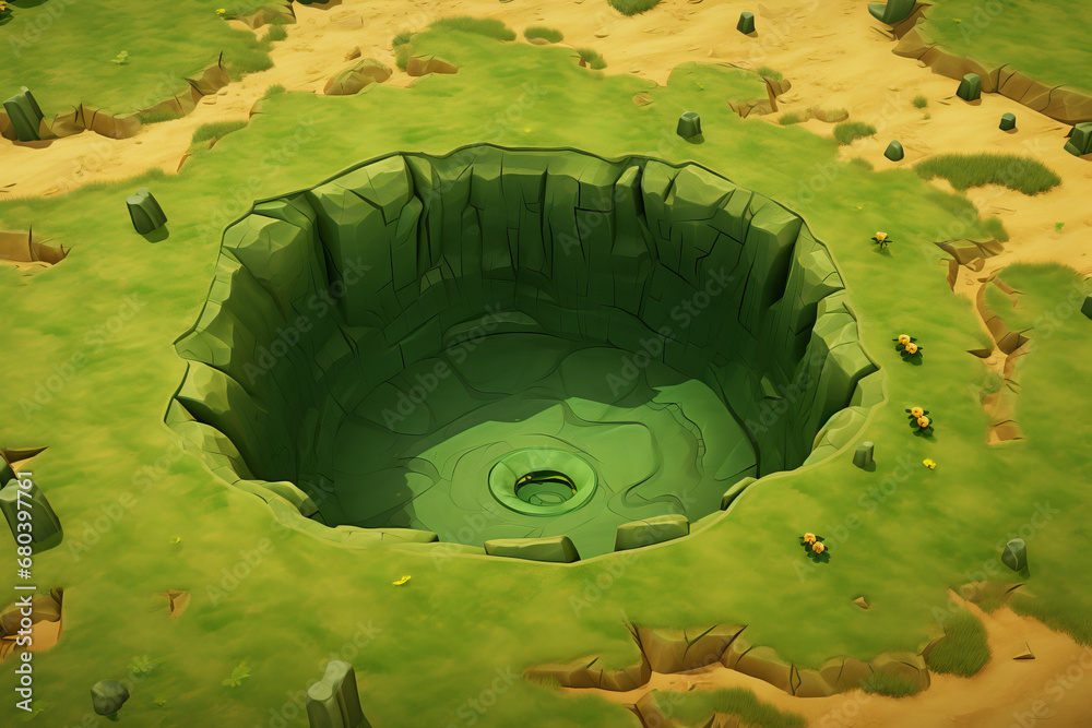Top-down, illustrated asset of a crater in a green plains field, game background setting ...