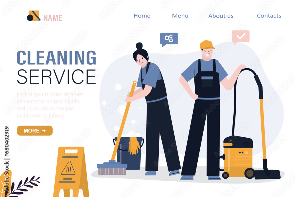 Cheerful cleaning team with mop and vacuum cleaner. Group of janitors ...