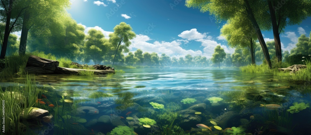 tranquil summer landscape, the skys vibrant blue seamlessly melded with ...