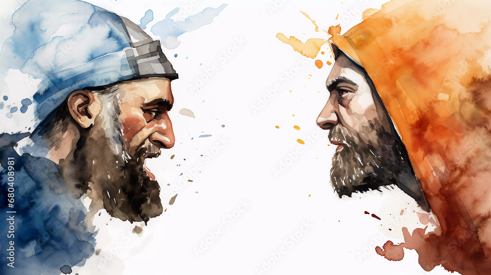 Extremism Unmasked: Rivalry in the Middle East. Arab man vs. Jewish man ...