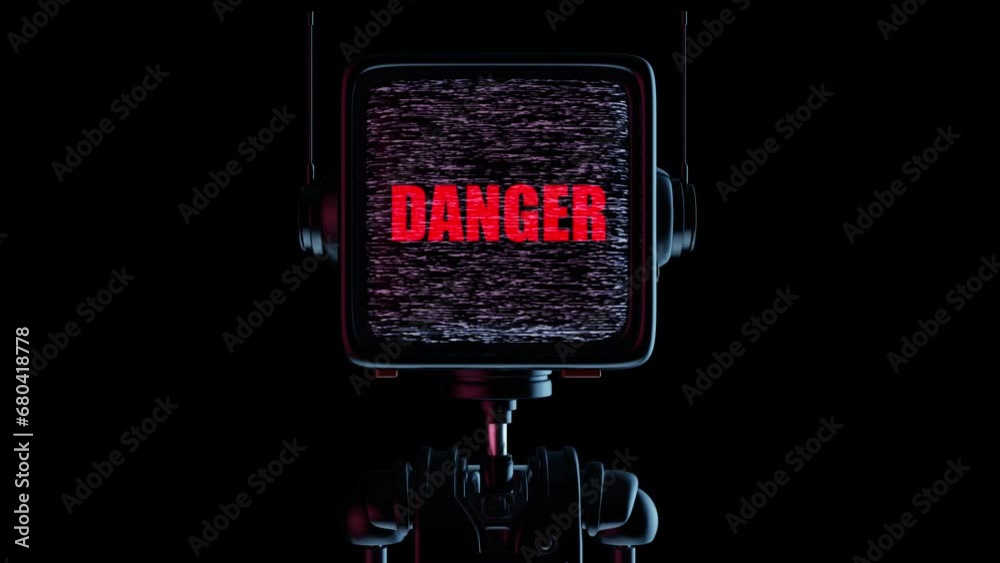 Inscription danger on monitor screen robot character. Realistic 3d ...