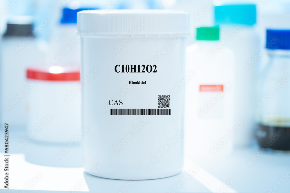 C10H12O2 hinokitiol CAS chemical substance in white plastic laboratory ...