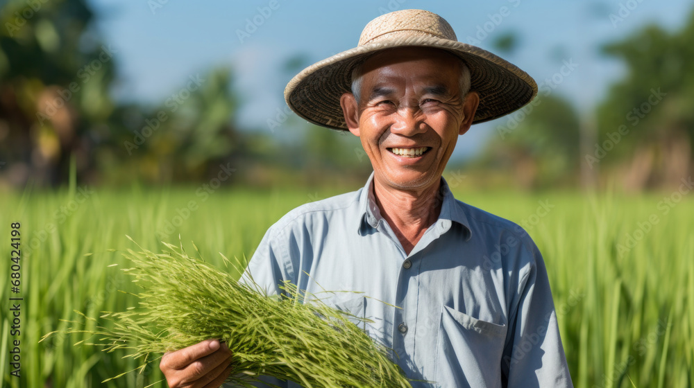 Smiling elderly farmer holding rice plant sitting in rice field. Farmer ...