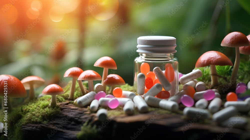 An array of various prescription pills, capsules, and tablets infused ...