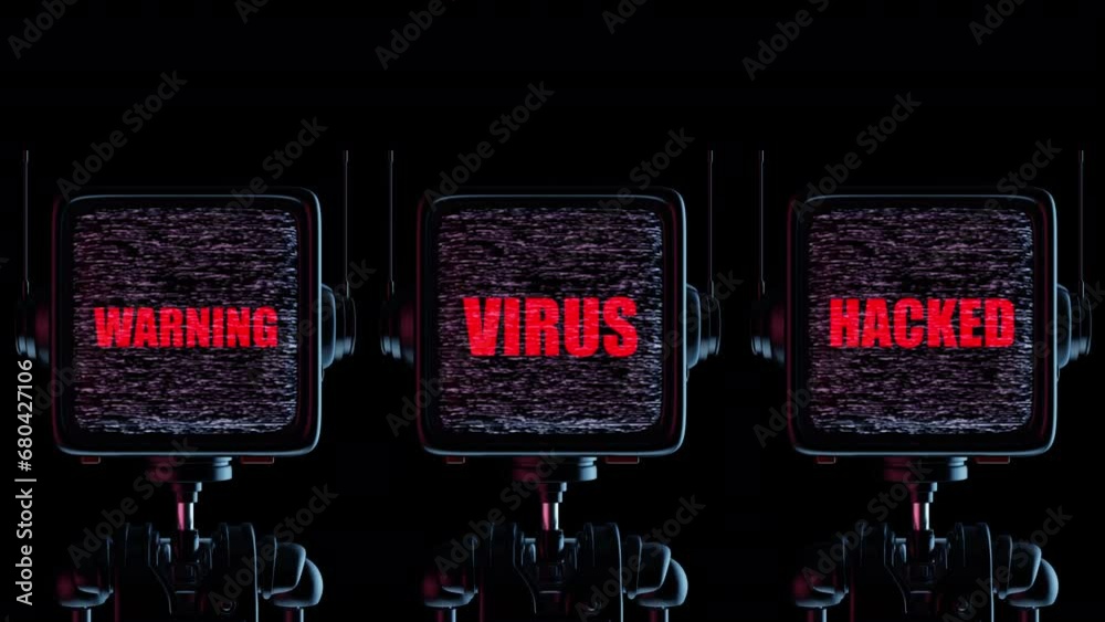 Inscription warning, virus, hacked on monitor screen robot character ...