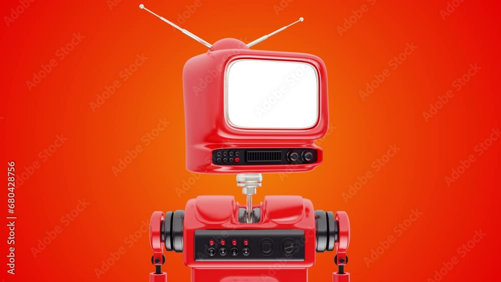 Cartoon color robot with head in shape of TV or monitor with white ...