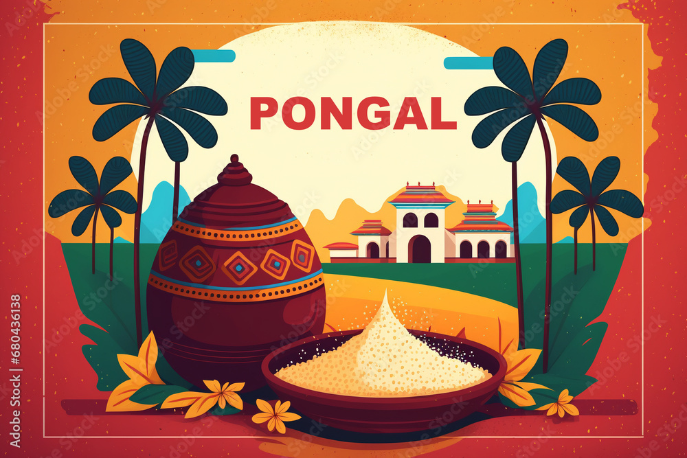 Happy Pongal religious festival of India celebration with pongal rice ...