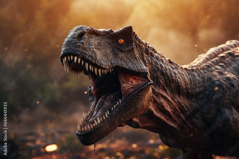 A detailed close-up view of a dinosaur with its mouth wide open. This ...