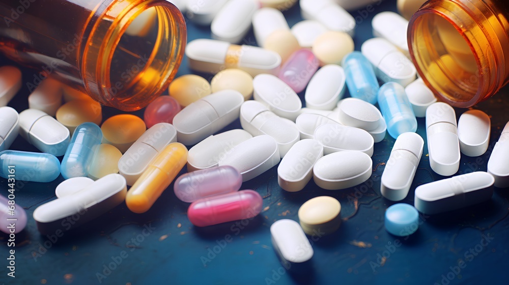 Opioid epidemic, featuring an array of prescription pills, medicine ...