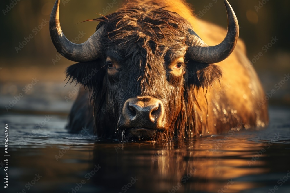 A close-up photograph of a cow standing in a body of water. This image ...