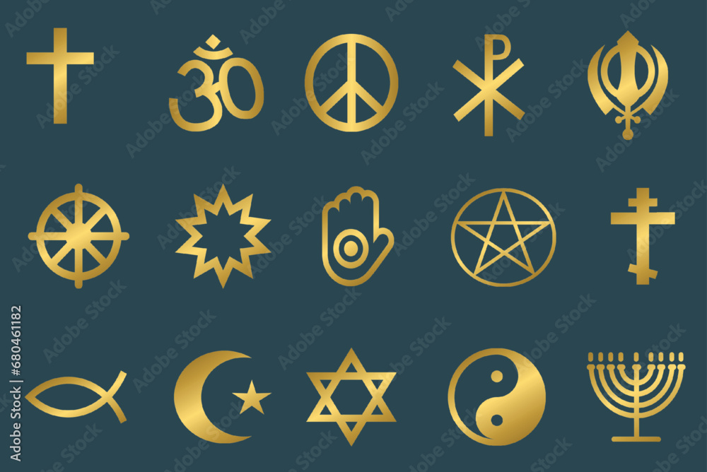 Set of golden religious symbols, gold religion symbols, signs Stock ...