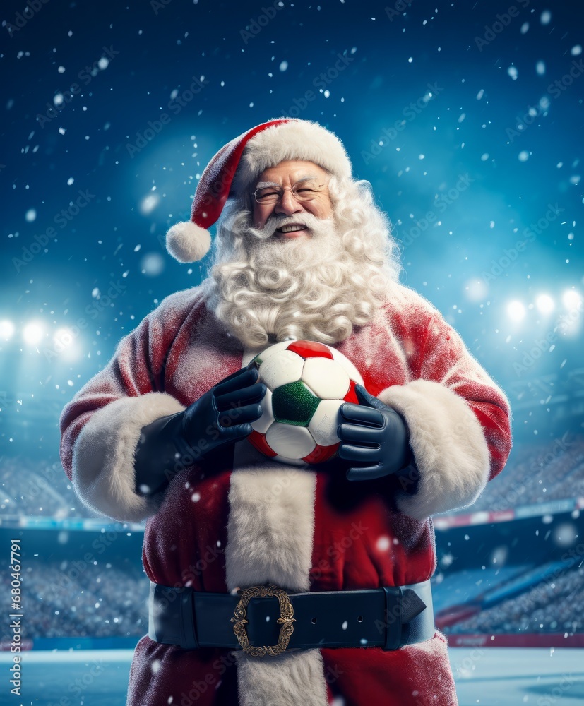 Santa is playing football. Portrait of Santa Claus with a soccer ball ...