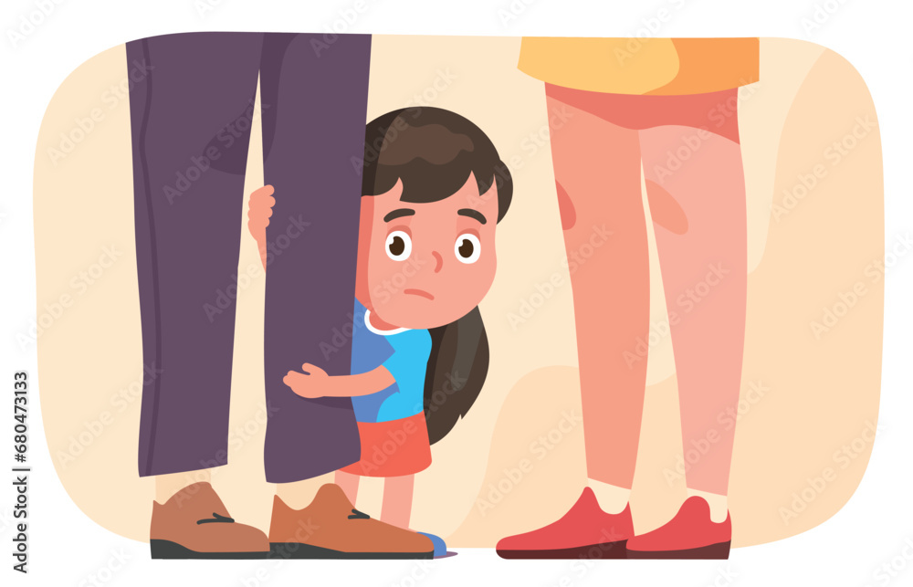 Scared girl kid hiding behind father parent leg peeping out. Preschool ...