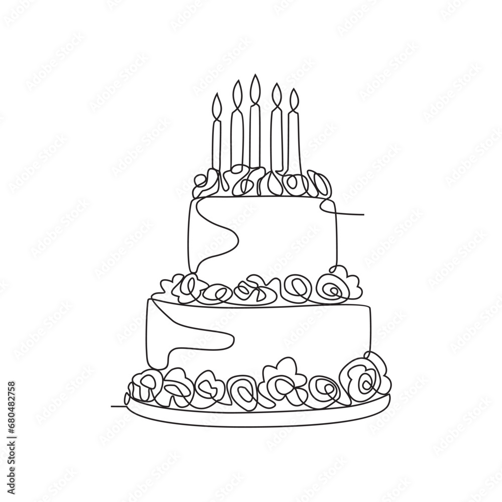One continuous line drawing of birthday cake vector illustration ...