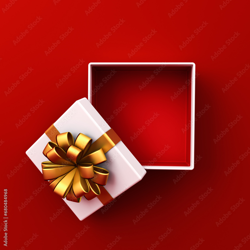 Top view of white red present box tied with golden ribbon bow or blank ...