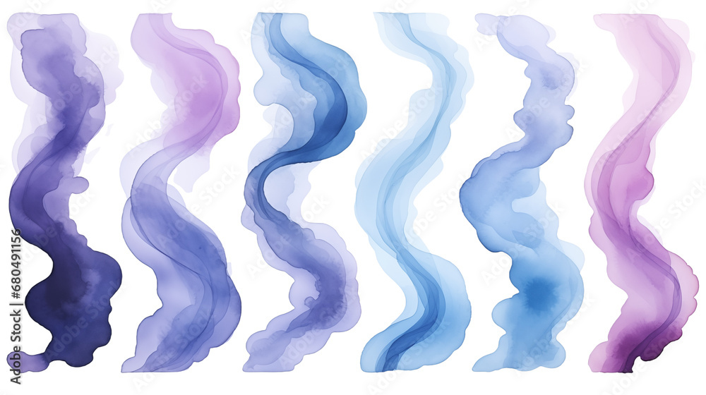 Set of purple and blue swashes, watercolor wave paint abstract border ...