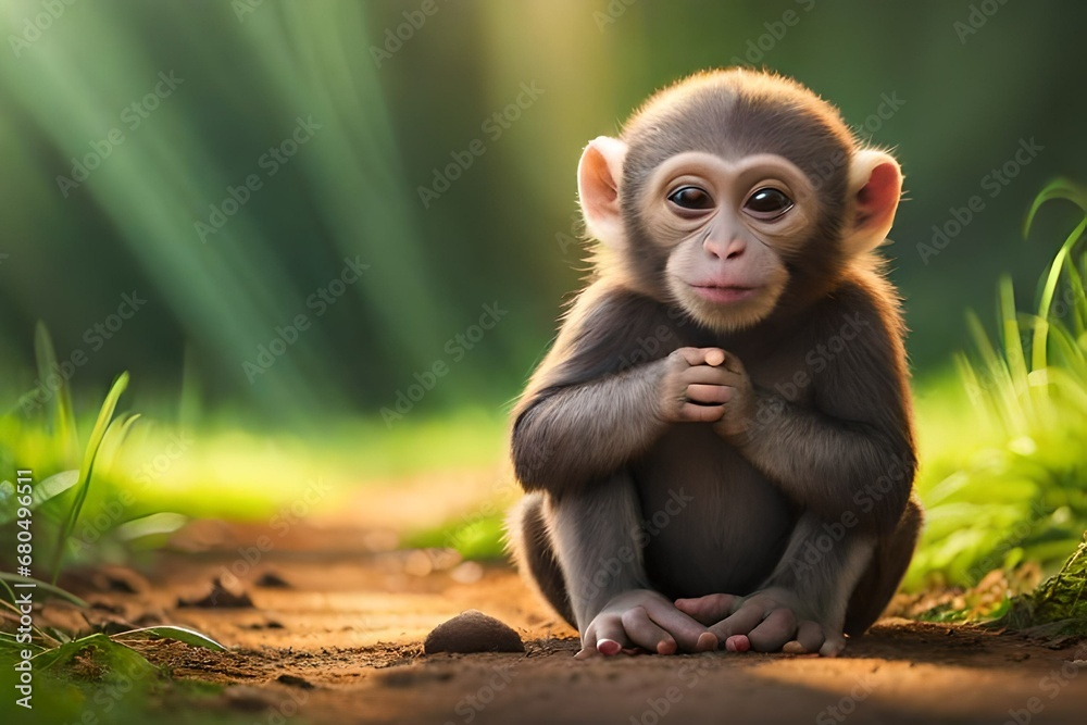 cute young monkey sitting in jungle, very cute baby monkey in jungle ...