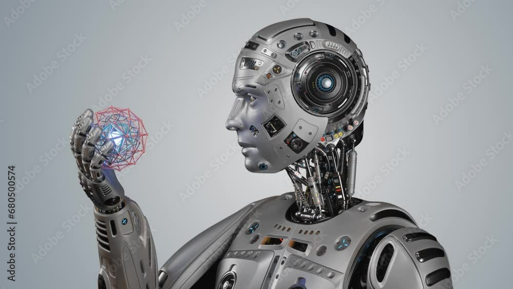 Very detailed futuristic robot man or humanoid cyborg holds a ...