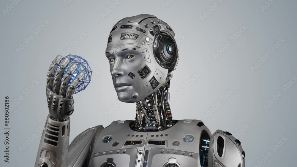 Very detailed futuristic robot man or humanoid cyborg holds a ...