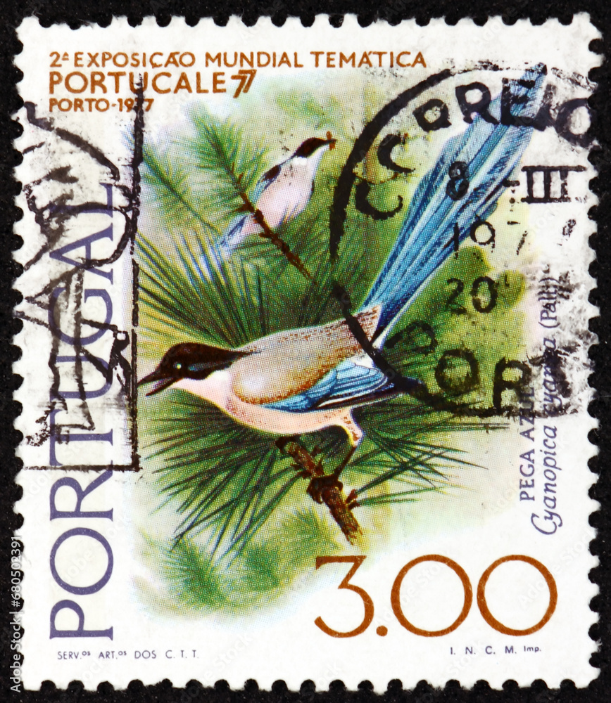 Postage stamp Portugal 1976 azure-winged magpie, is a bird in the crow ...